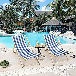 Recaceik Outdoor Patio Sling Chair Portable Folding Lounge Reclining with Stripes Adjustable Lawn Seat for Garden, Swimming Pool and Beach, Populus Wood