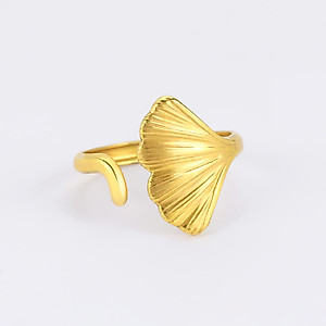TEAMER Stainless Steel Ginkgo Leaf Finger Rings Adjustable Bohemian Ring Mother‘s Day Jewelry for Women (Gold)