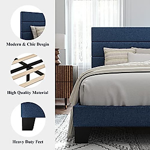 Allewie King Size Platform Bed Frame with Fabric Upholstered Headboard and Wooden Slats Support, Fully Upholstered Mattress Foundation/No Box Spring Needed/Easy Assembly, Navy Blue