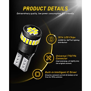 AUXITO 194 LED Light Bulb 6000K White 168 2825 W5W T10 Wedge 24-SMD 3014 Chipsets LED Replacement Bulbs Error Free for Car Interior Dome Map Door License Courtesy Dash Lights, Pack of 10