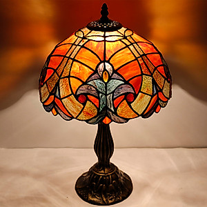 WERFACTORY Tiffany Lamp Red Liaison Stained Glass Table Lamp Desk Bedside Reading Light 12X12X18 Inches Decor Bedroom Living Room Home Office S160R Series