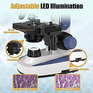 EDKKIE 40X-2500X Lab Compound Trinocular Microscope Built-in 5MP Camera with 7’’ Screen, Wide-Field 10X and 25X Eyepieces, Dual Illumination System, Double Layer Mechanical Stage