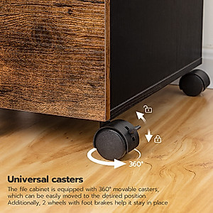 HOOBRO 3 Drawers File Cabinet, Rolling Filing Cabinet, Office Cabinet for Home Office, Mobile Pedestal on 5 Wheels, for A4, Letter Size, Hanging File Folders, Rustic Brown and Black BF02WJ01G1