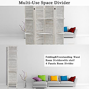 ECOMEX Room Divider 4 Panel, White Room Divider with Shelves, Wall Room Dividers and Folding Privacy Screens, Portable Room partitions and dividers for Bedroom, Home Office, Studio (White)