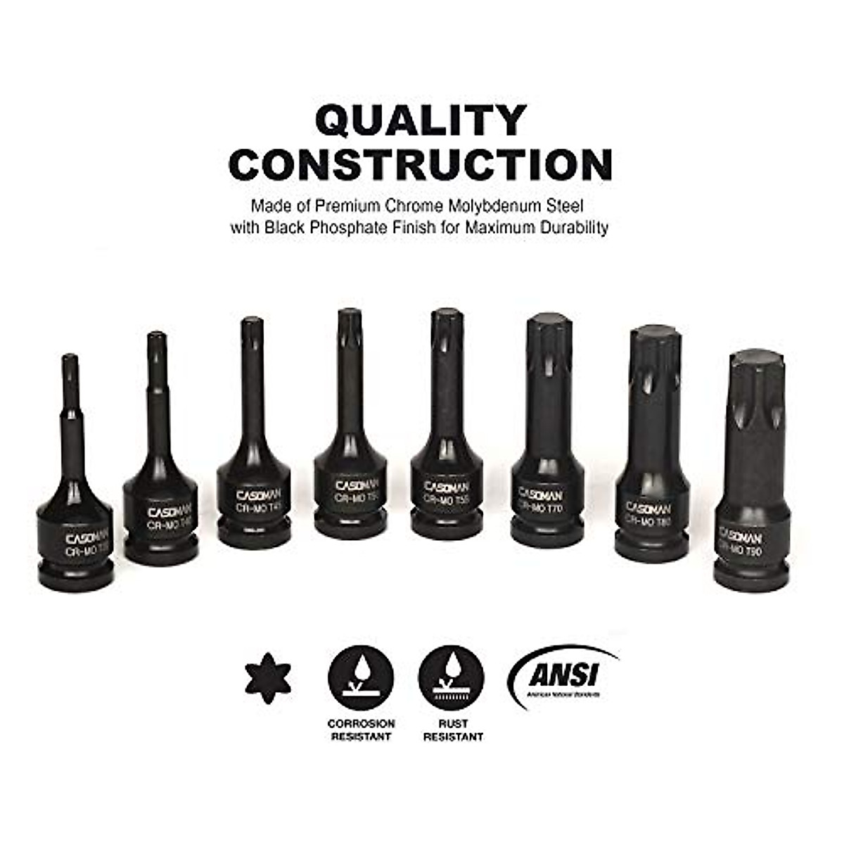CASOMAN 1/2" Drive Torx Driver Impact Socket Set Chrome-Molybdenum Steel T30-T90 Extended Length 8 Piece Impact Torx Bits Set