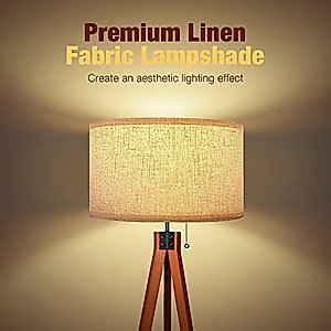 Isloys Tripod Floor Lamp, Wood Floor Lamp with 3 Color Temperature, Mid Century Standing Lamp with Real Wood, Flaxen Lamp Shade, Modern Tall Lamp for Living Room, Bedroom, Office (Bulb Included)