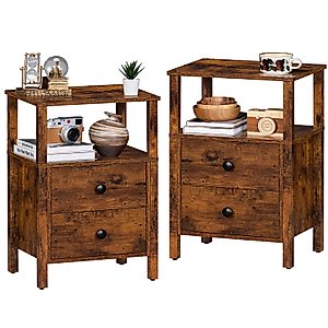 Lerliuo Night Stand Set of 2, Small Nightstand with 2 Wood Drawers and Storage Shelf, Rustic Bedside Table with Wooden Frame, Brown Couch Bed Side Tables for Small Spaces, Nightstands for Bedroom