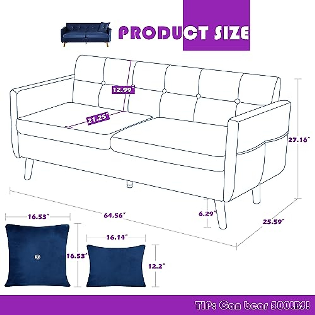 TYBOATLE 65" Modern Velvet Sofa Couch w/ 2 USB, Clear Glass Button Tufted Upholstered Love Seats for Living Room, Apartment, Bedroom (Blue)