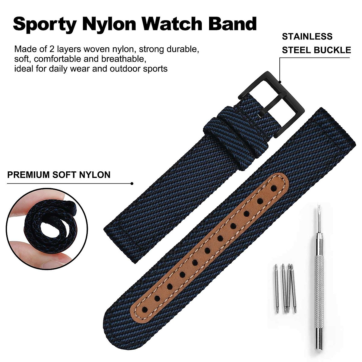 BISONSTRAP Sporty Nylon Watch Bands, Military Watch Strap for Men 22mm, Blue with Black Buckle
