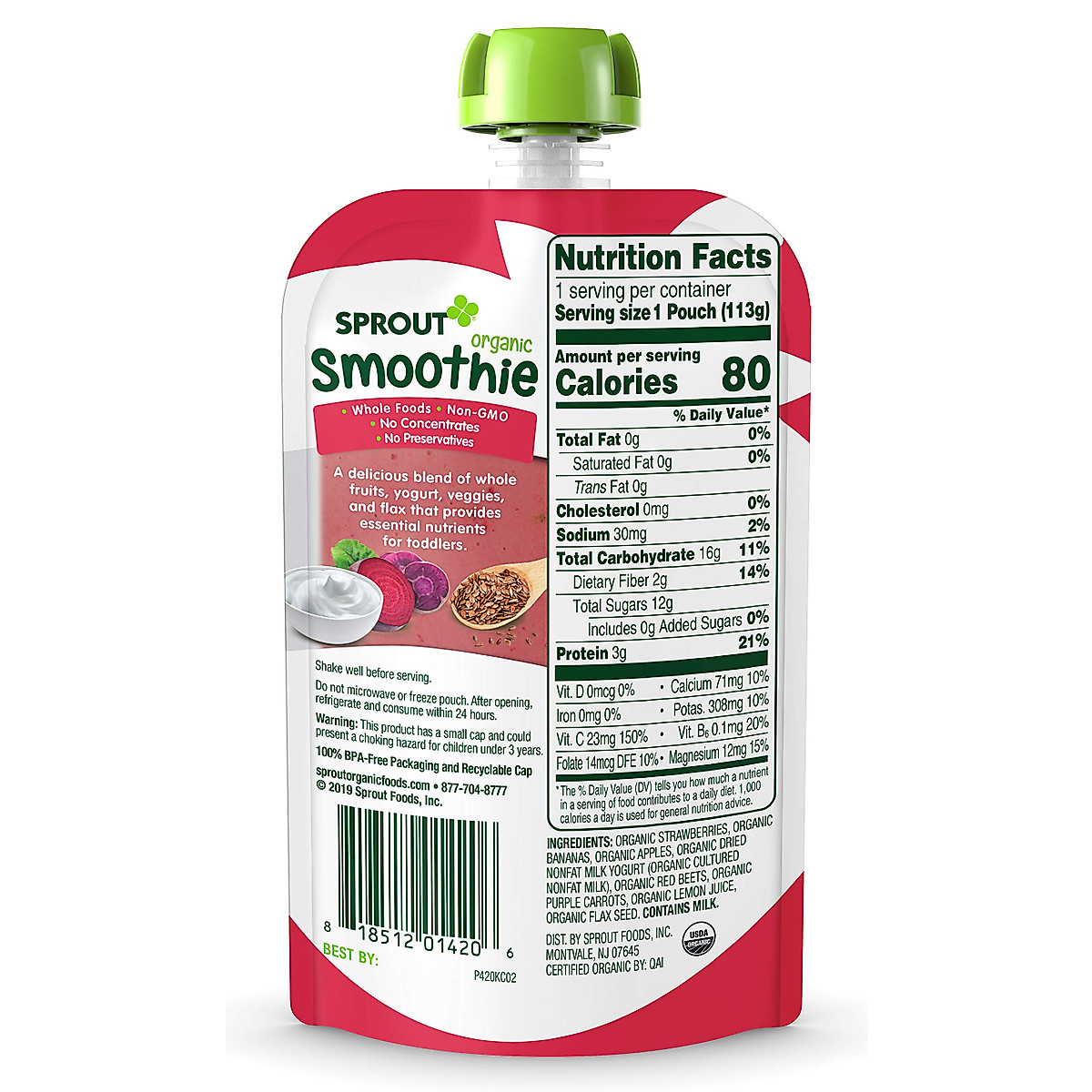 Sprout Organic Toddler Smoothie, Strawberry Banana w/ Yogurt, 4 Ounce Pouch (Pack of 6)