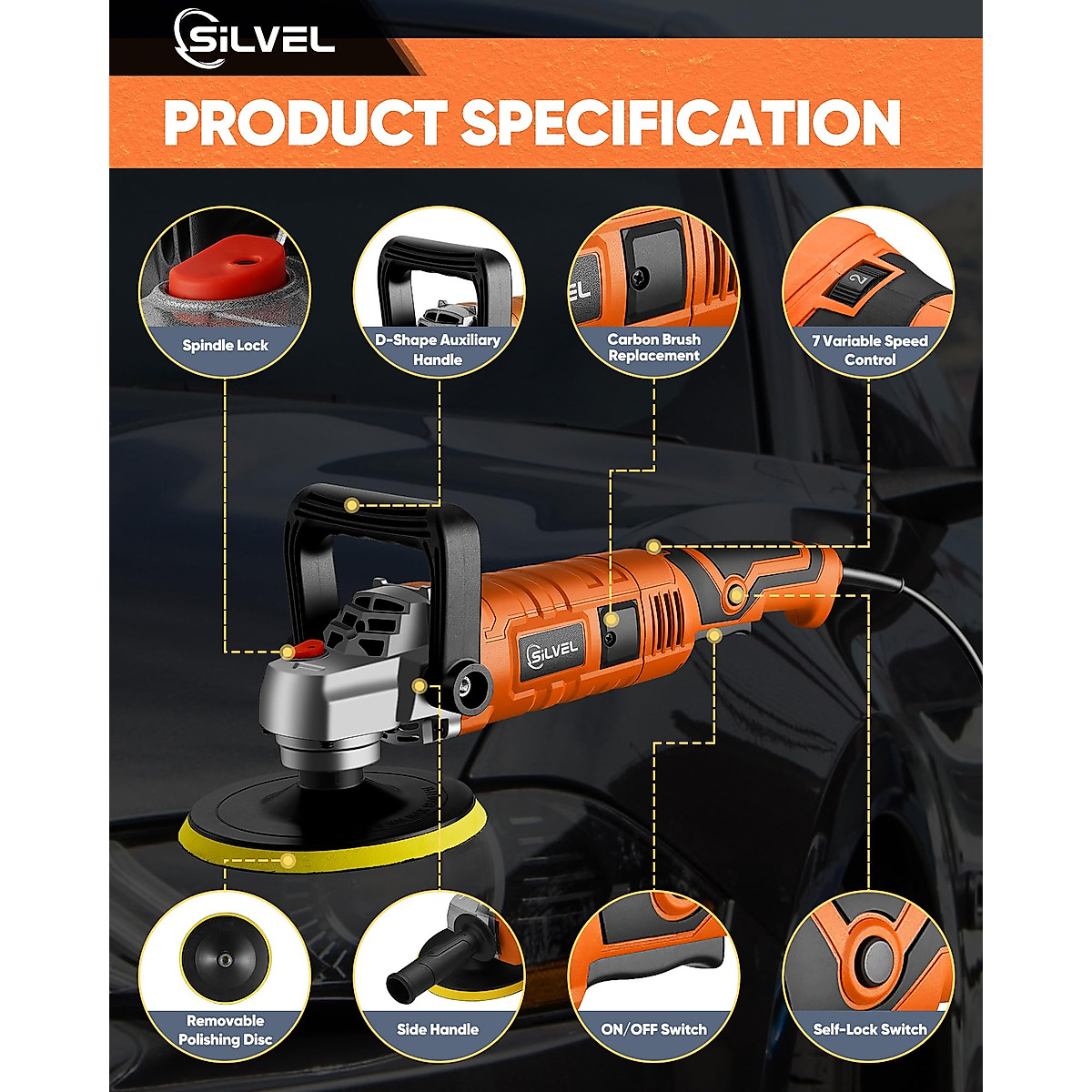SILVEL Buffer Polisher, 1600W 7 Inch/6 Inch Polisher for Car Detailing, Wax Machine, 7 Variable Speed, with 6 Foam Pads, 3 Wool Pads, Packaging Bag, for Boat Polishing and Waxing