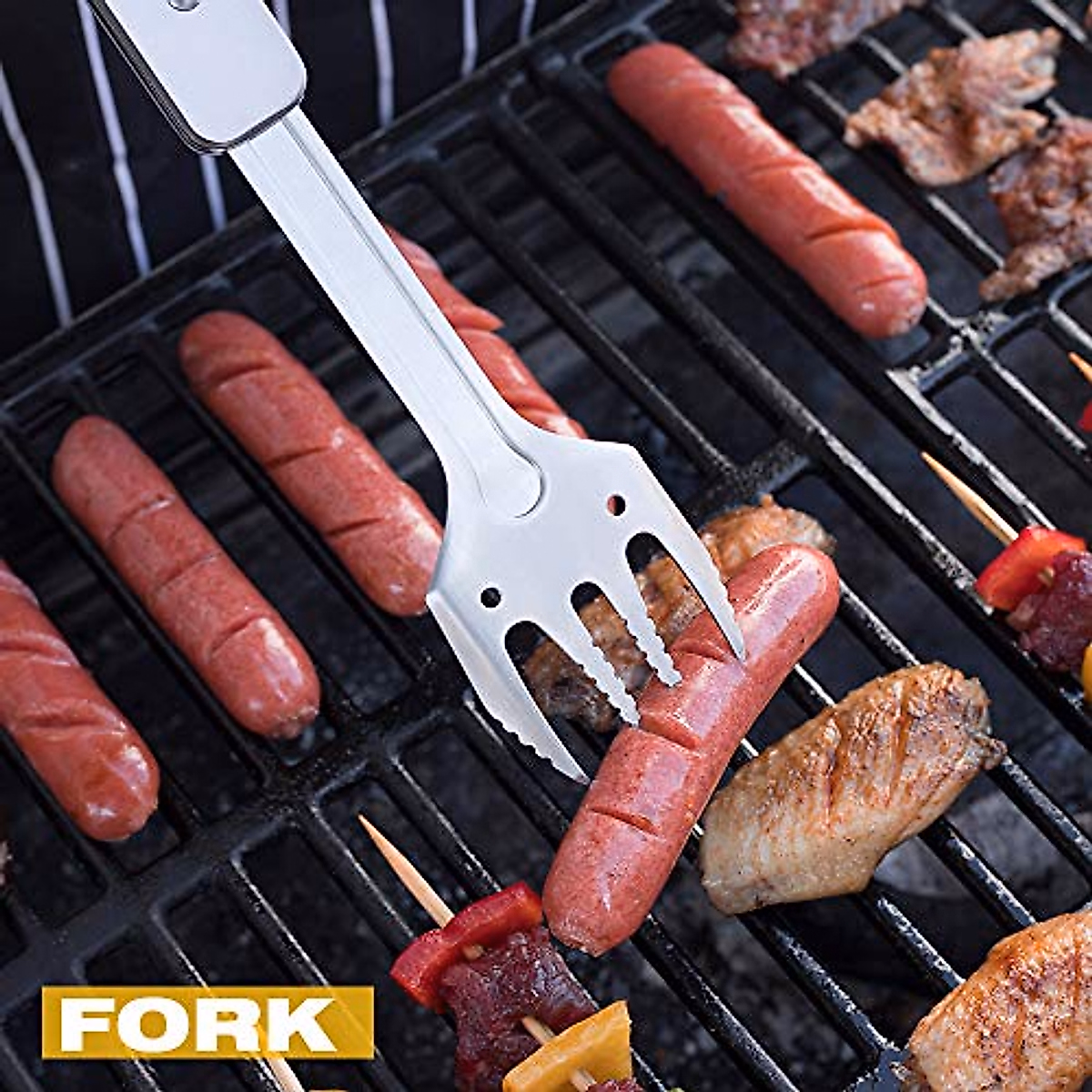Roxon 4 in 1 Mini BBQ Barbecue Combo Tool Set with Spatula, Fork, Tongs and Bottle Opener for Hiking Camping (Grey)