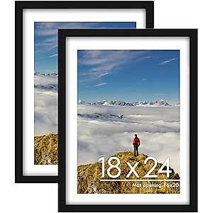 PEALSN 18x24 Poster Frame Set of 2, Picture Frames for Wall Decor, Display 16 x 20 Pictures with Mat or 18 x 24 Without Mat for Wall Mounting Display, Black.