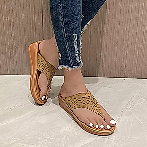 Ladies Fashion Summer Solid Leather Rhinestone Decorative Clamping Toe Slope Heel Casual Sandals for Women Wide Width (Brown, 8)