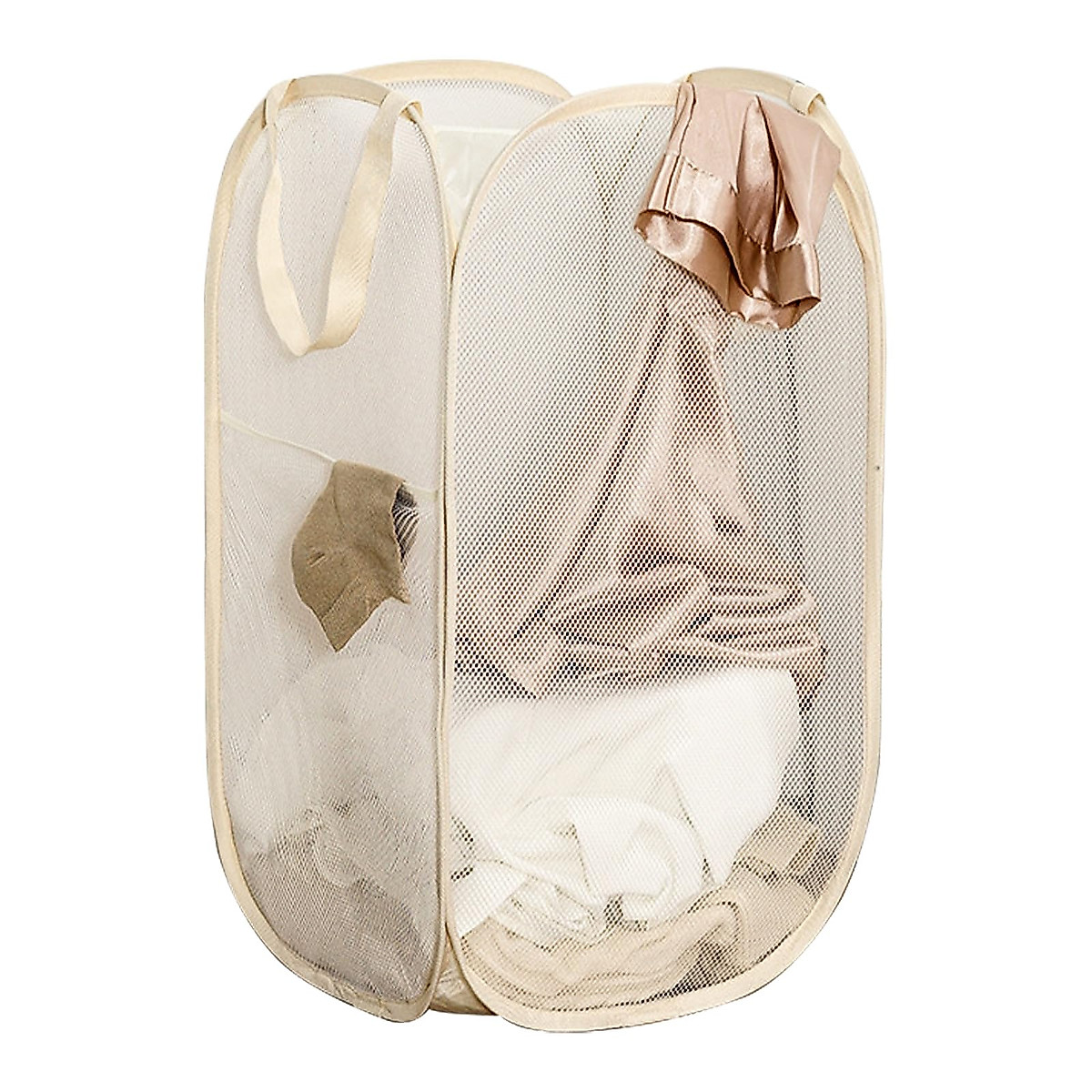 Aplter Pop Up Laundry Basket Folding Laundry Hamper Mesh Hamper Storage Bin for College Dorms, Travelling, Crusing, Camping, Beige