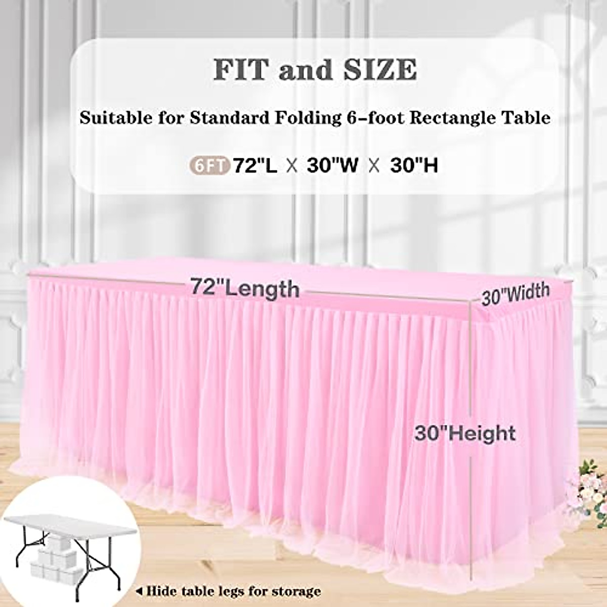 netbros Tulle Table Skirt, Table Clothes for 6 Foot Rectangle Tables, Tight Fit Washable and Wrinkle Resistant Pink Tablecloth, Tutu Table Skirt Decoration for Birthday Party, Banquet, Event