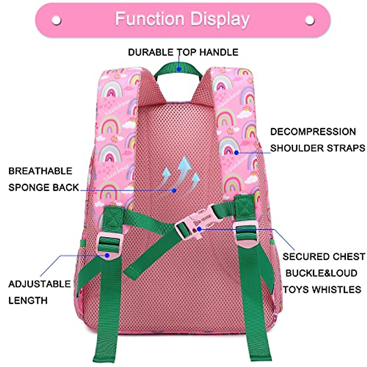 BUG Toddler Kids Backpack For Girls Boys, Cute Small Backpacks for Preschool and Kindergarten with Adjustable Padded Shoulder Straps, Pink Rainbow