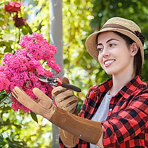 AIGEVTURE Rose Pruning Gloves Long Sleeve Thorn Proof,Rose Gardening Gloves for Men Women Long Gauntlet,Grain Cowhide Leather Brown(Medium)