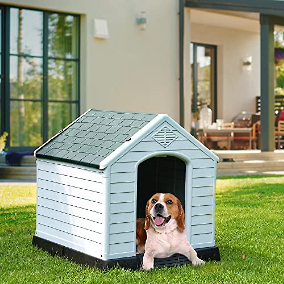 YITAHOME Large Plastic Dog House Outdoor Indoor Insulated Doghouse Puppy Shelter Water Resistant Easy Assembly Sturdy Dog Kennel with Air Vents and Elevated Floor (28.5''L*26''W*28''H, Gray)
