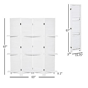 HOMCOM 4 Panel 67" Tall Wood Privacy Screen Room Divider with 3 Display Shelves, and Folding Storage for Bedroom or Home Office, White