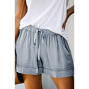Mosucoirl Women Comfy Drawstring Casual Elastic Waist Pure Color Shorts Summer Beach Lightweight Short Pants with Pockets(A Light Blue,Large)