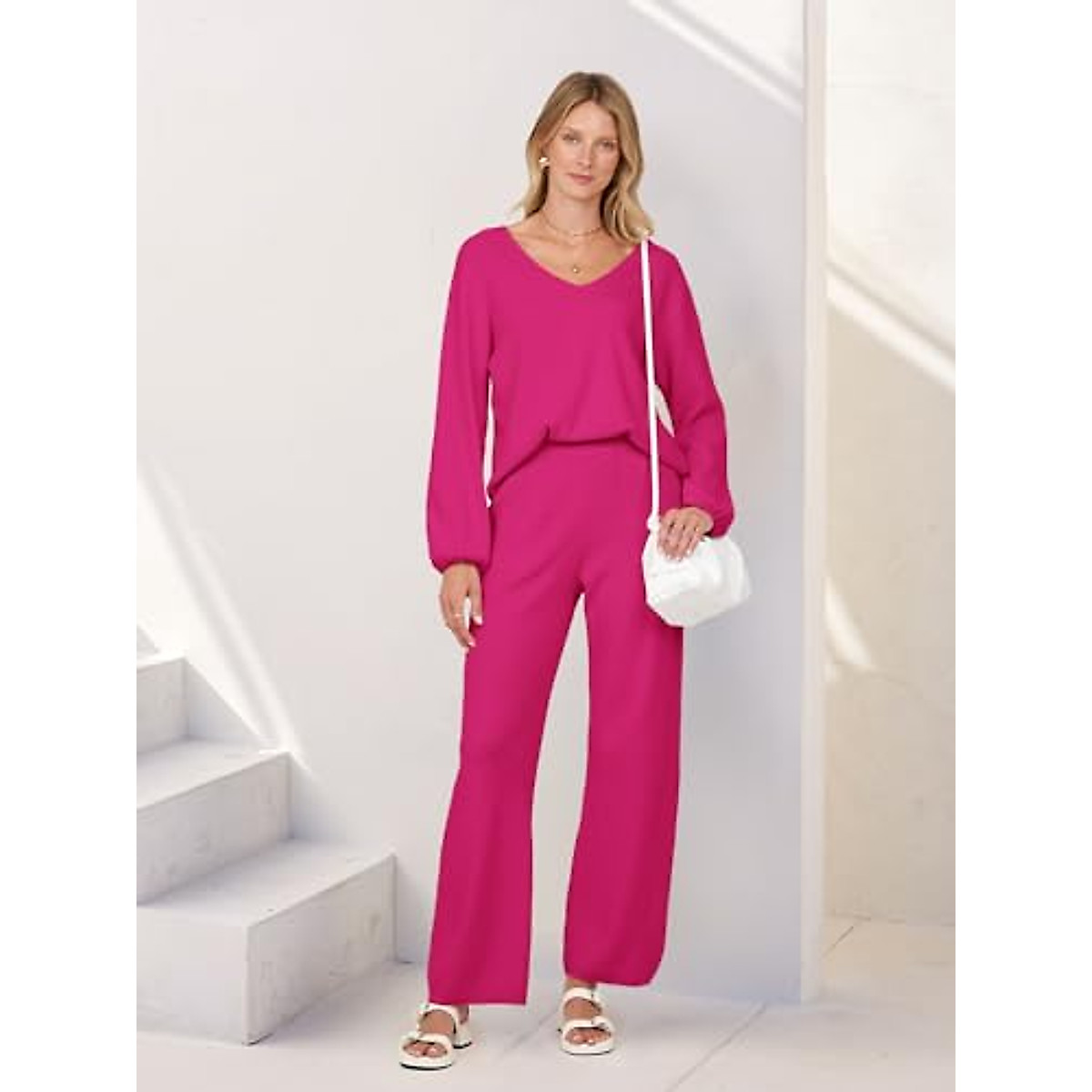 MEROKEETY Women's 2 Piece Outfits Long Sleeve V Neck Knit Pullover Tops and Wide Leg Pant Lounge Set,Rose,M