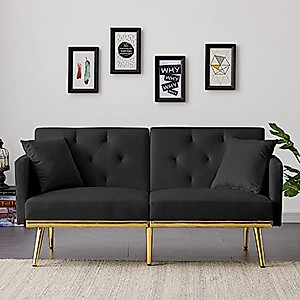 60"Convertible Folding Futon Sofa Bed with 2 Pillows and Armrest,Modern Velvet Sleeper Couch Bed with 3 Adjustable Backrests,Recliner Loveseat for Small Space,Living Room Bedroom Apartment (Black)