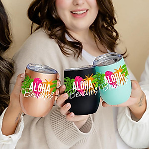 WEDDINGSTAR Personalized Stemless Travel Tumbler 12oz – Insulated Stainless Steel Wine Glass with Lid - Aloha Beaches - Rose Gold