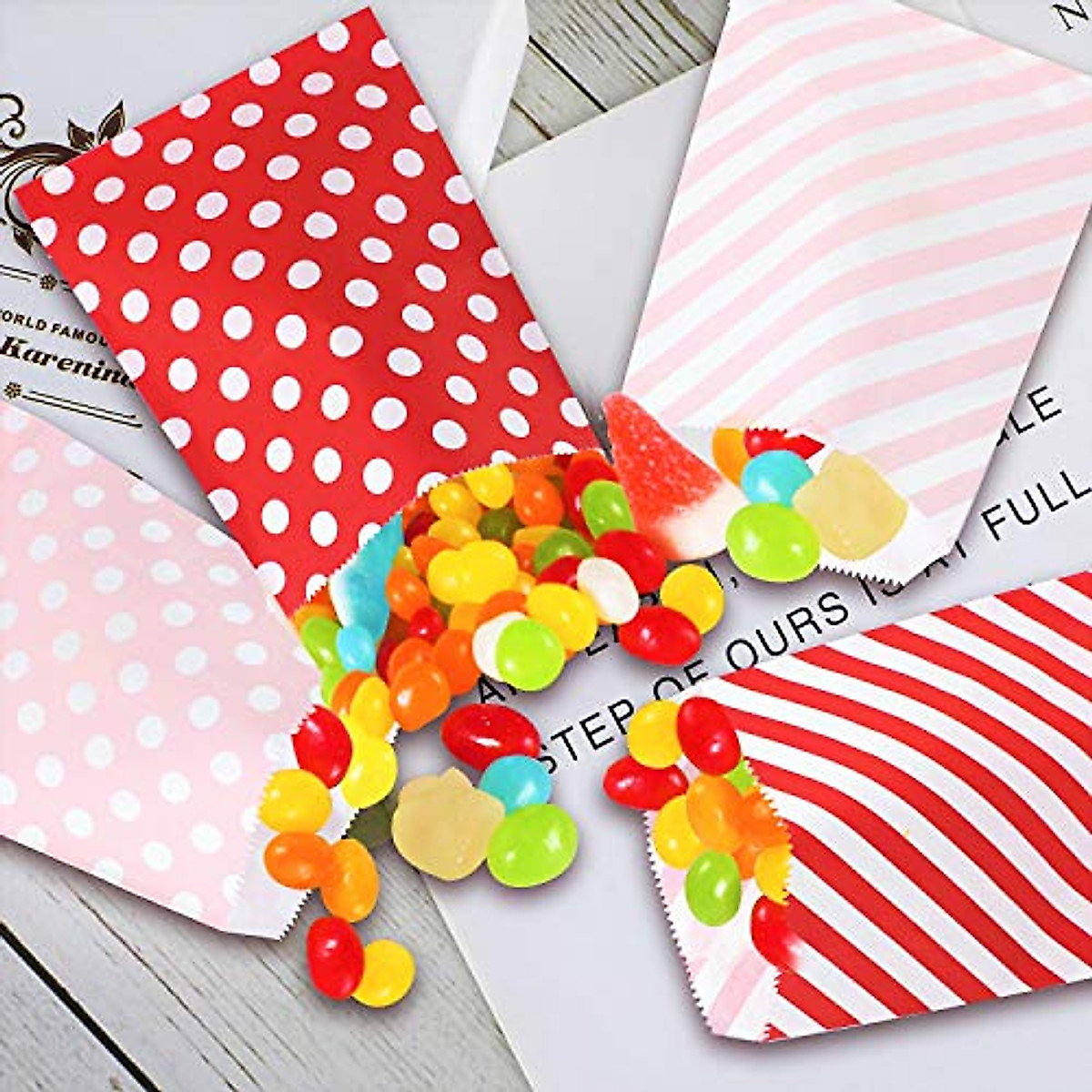 Kolewo4ever 100 pieces Valentines Treat Bags Buffet Paper Bags Party Favor Goody Bags Gift Bags Red Pink Striped Dot Candy Bags for Valentines Wedding parties
