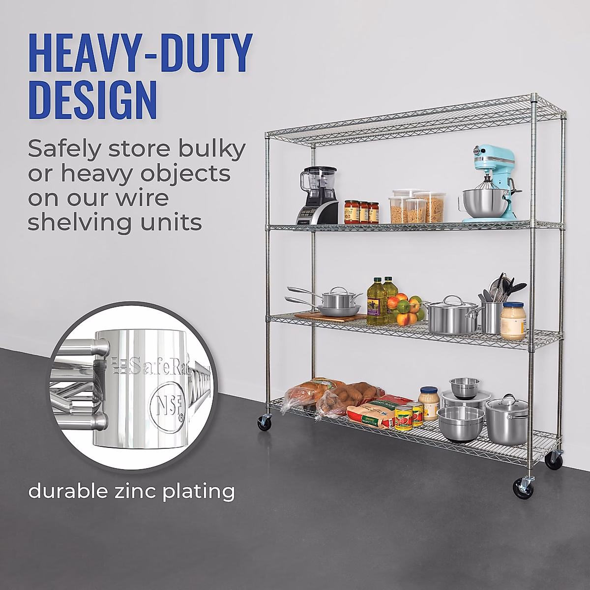 SafeRacks - NSF Certified Storage Shelves, Zinc, Heavy Duty Steel Wire Unit with Wheels and Adjustable Feet, Garage or Bakers Rack, Kitchen, Pantry Shelf - (18"x72"x72" 4-Tier) (Silver)