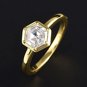 RIZILIA BEEHIVE Hexagon Solitaire Ring with Custom-Cut 1CT (6mm) Gemstone [White Cubic Zirconia] in 18K Yellow Gold Plated, Size 7