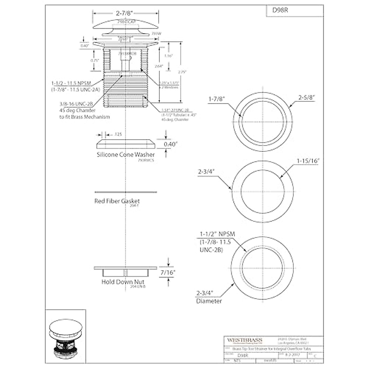 Westbrass 1-1/2" NPSM Coarse Thread Tip-Toe Bathtub Drain, Satin Nickel, D98R-07