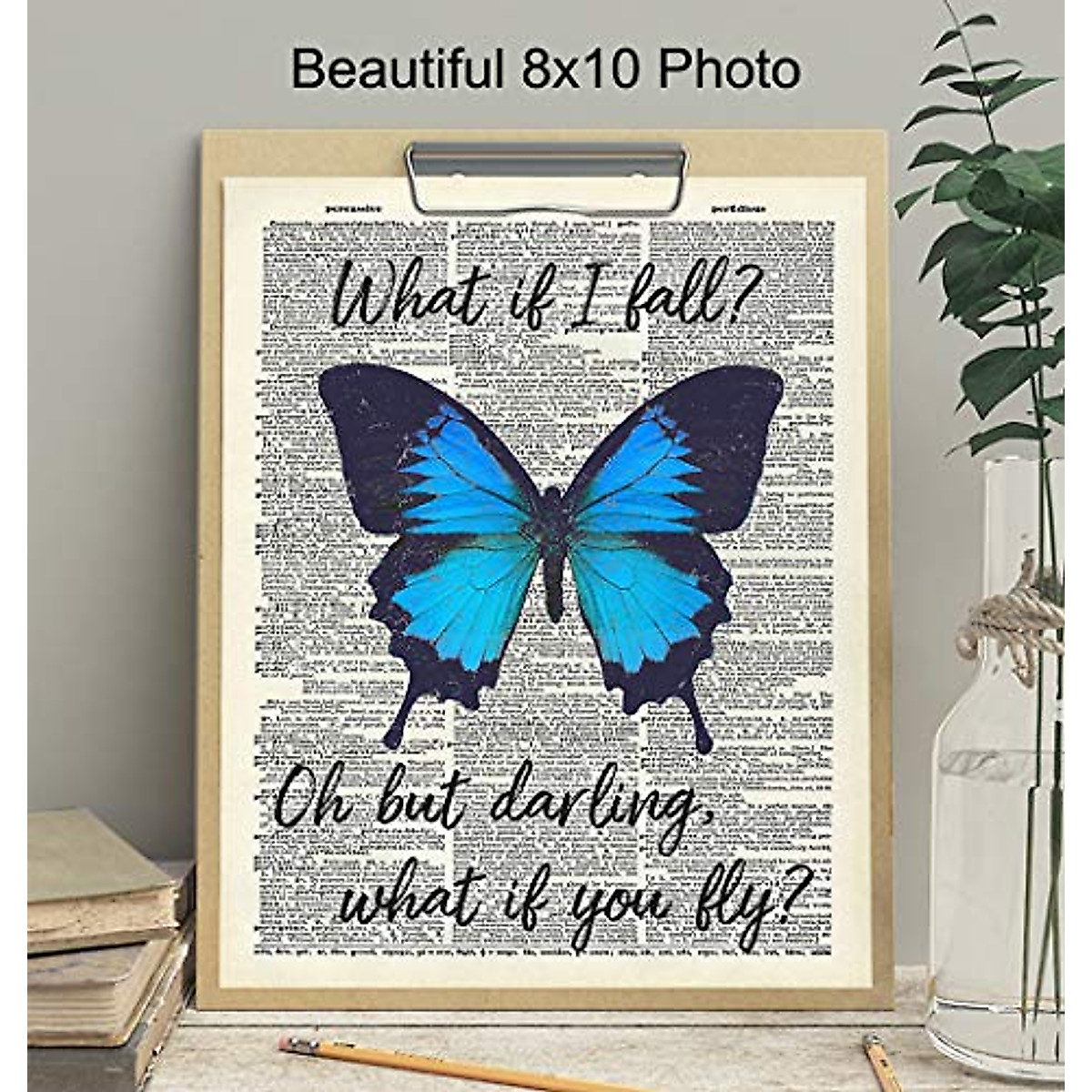 Inspirational Wall Art - Home Decor, Room Decorations for Bedroom, Office, Living Room - Unique Cute Boho Gift for Women, Girls, Teens - Blue Butterfly – 8x10 Self Confidence Picture Poster Sign