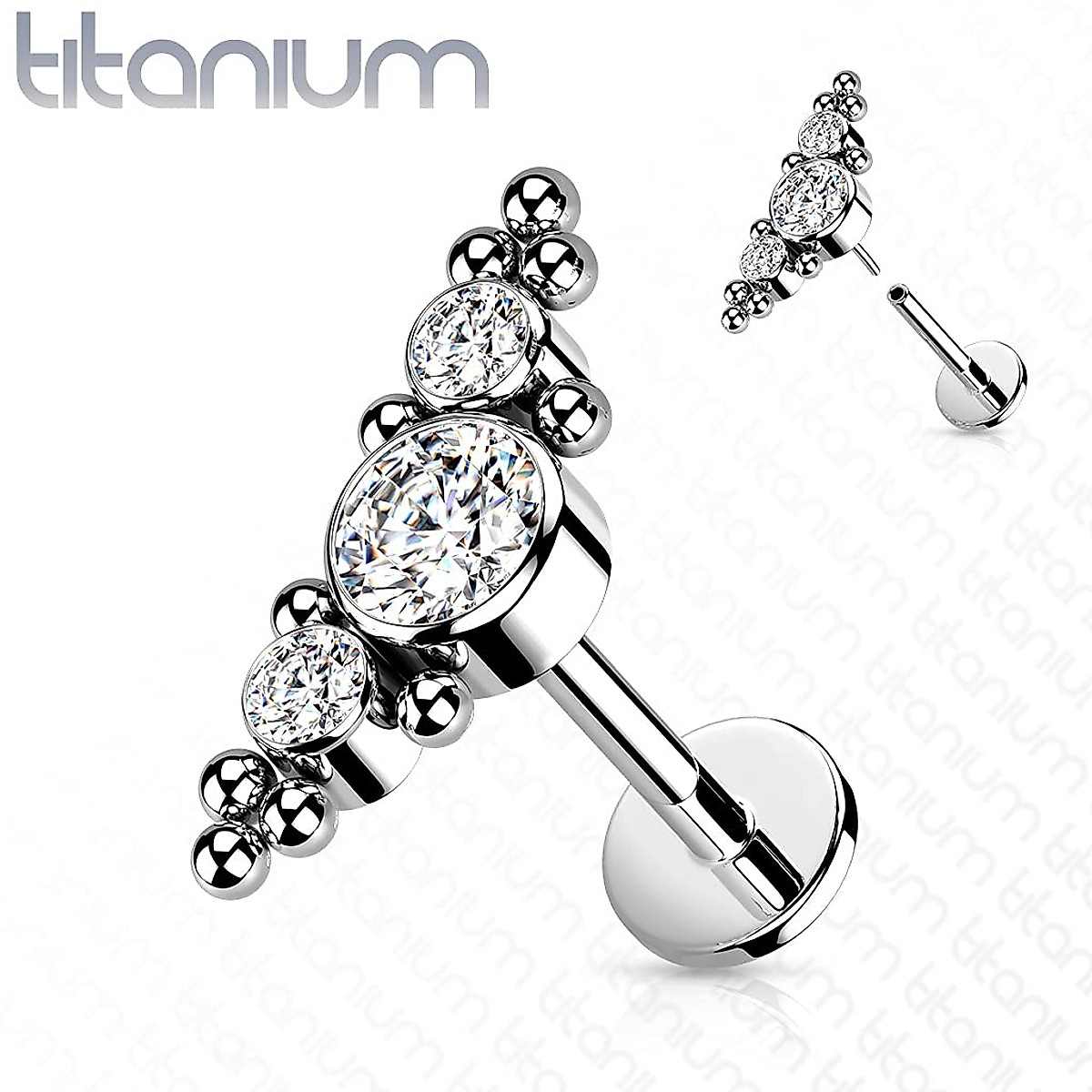 Dynamique Implant Grade Titanium Threadless Push In Labret, Flat Back Stud With 3 CZ And Ball Clusters Top for Cartilage, Lip, Nose (Sold Per Piece)