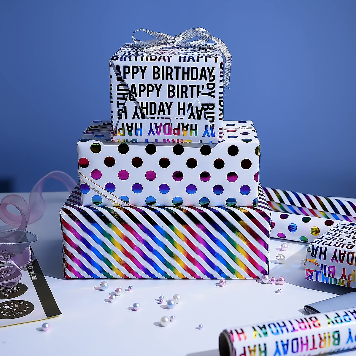 KORSEEN Gift Wrapping Paper Roll, Rainbow Gold Foil Wrapping Paper for Birthday, Party, Holiday - 3 Mini Rolls Birthday Gift Wrap - 17 x 120 Inch Per Roll