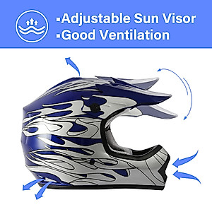 XFMT Youth Kids Motocross Offroad Street Dirt Bike Helmet Goggles Gloves ATV Mx Helmet Blue Flame L