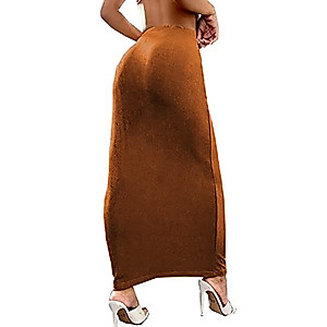 LYANER Women's Casual Velvet Elastic High Waist Solid Bodycon Long Maxi Skirt Caramel Medium
