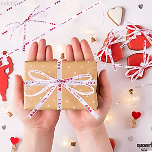 Valentine I Love You Ribbon Roll - 100 Yards, Red Heart Ribbon Wired | Red and White Valentine Ribbon for Gift Wrapping | Hearts Print Valentines Ribbon for Flower Crafts | Valentine Curling Ribbon