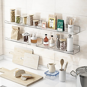 Fixwal Acrylic Clear Floating Shelves for Wall, Vinyl Record Shelf Wall Mount Set of 4, 12in Wavy Clear Acrylic Record Holder Bookshelf Display, Wall Decor for Living Room (Clear)