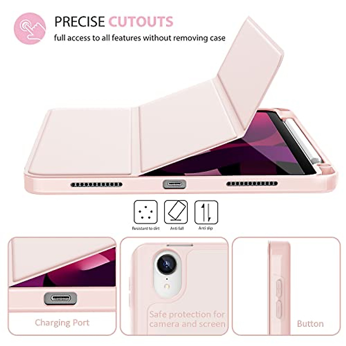 Gahwa iPad 10.9 Inch Case with Pencil Holder for iPad Air 5th Generation Case 2022/ iPad Air Case 4th Generation 2020[Support iPad 2nd Pencil Charging], Smart Case with Auto Sleep/Wake(Pink)