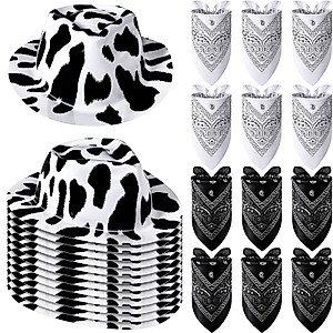 Haysandy 24 Pcs Cow Print Cowgirl Hats Cowboy Hats Bulk with Bandana Felt Cow Party Hats for Women Men Western Costume Party (Black)