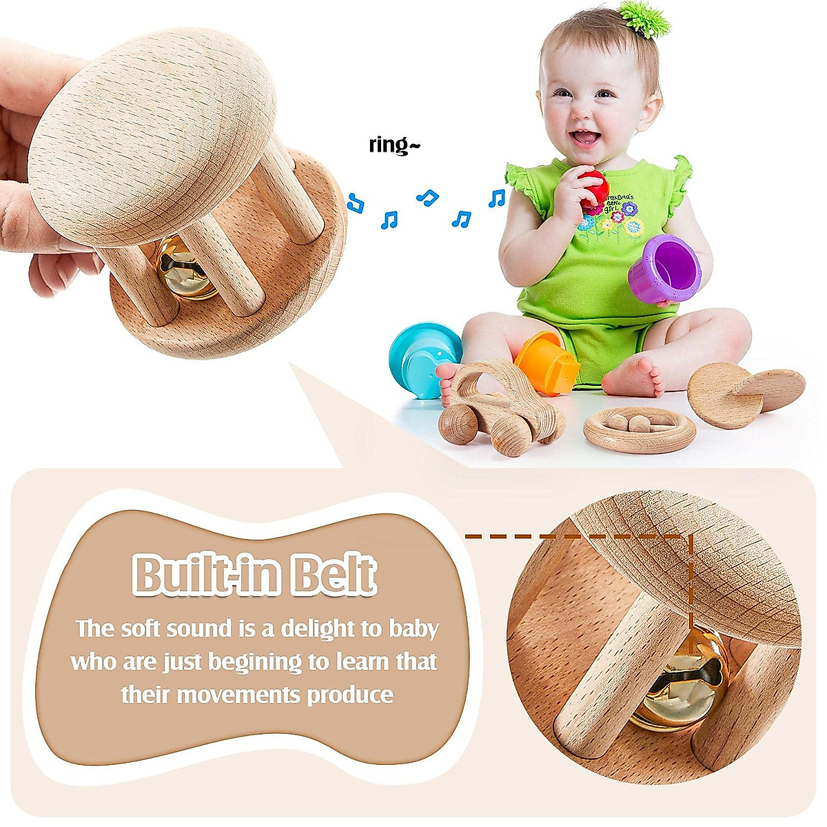5 Pieces Wooden Baby Toys Wooden Toys for Babies 0-6-12 Months Wood Toys Rattles with Bells Montessori Wood Baby Push Car Wooden Newborn Toy for Infant Boys and Girls Gifts