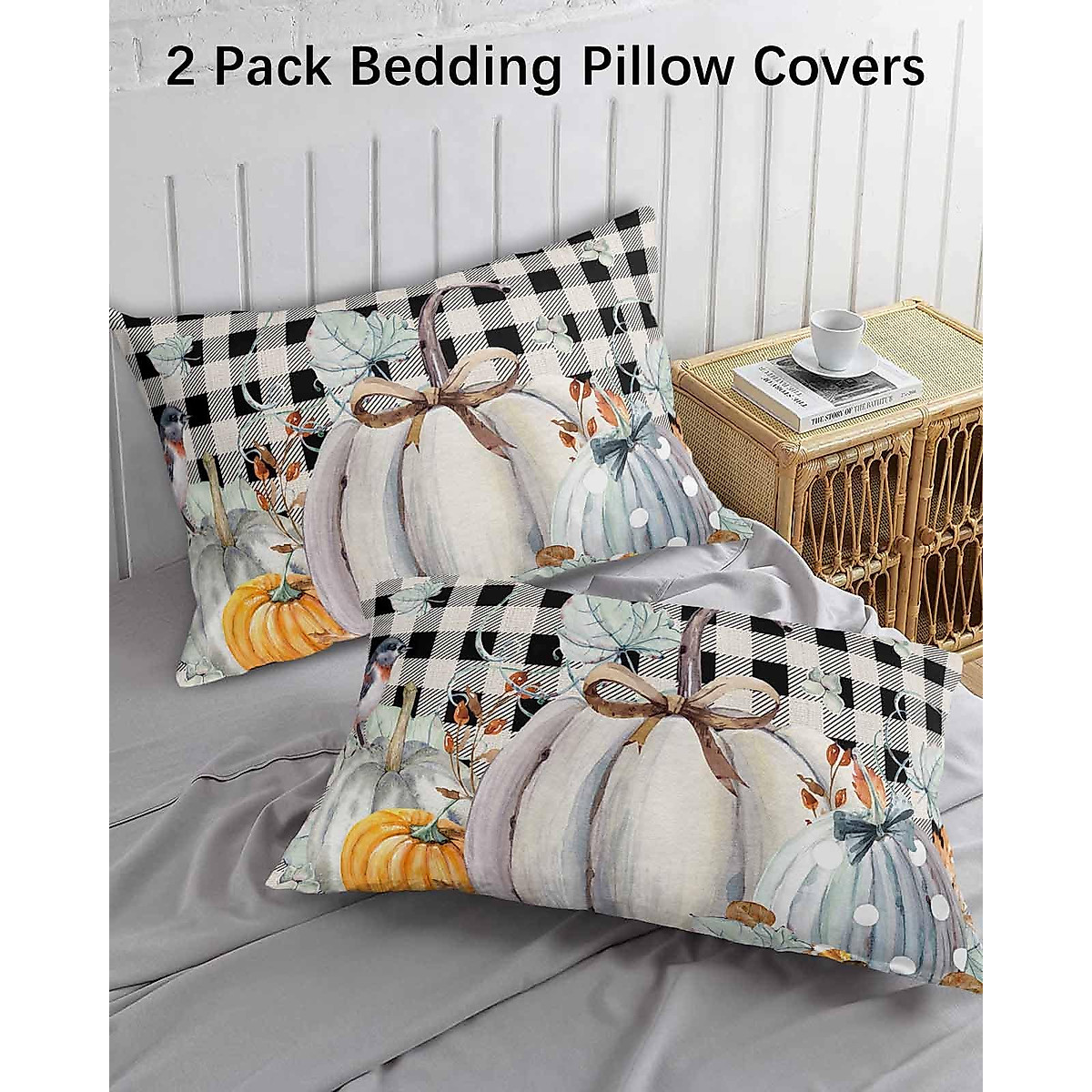 Thanksgiving Pillow Covers Standard Size Set of 2 Bed Pillow, Farmhouse Black Plaid Fall Pumpkin Maple Leaves Plush Soft Comfort for Hair/ Skin Cooling Pillowcases with Envelop Closure 20''x26''