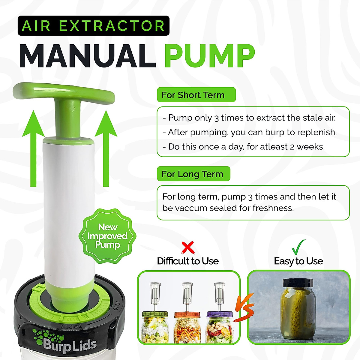 Wide Mouth Mason Jar Lids for Curing, Harvesting, Fermenting, Canning. Vacuum Sealed Patented Tech that Includes 4 Lids with Extraction Pump By Burp Lids