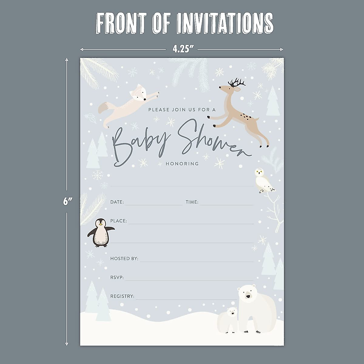 Koko Paper Co Snowy Winter Wonderland Baby Shower Invitations and Diaper Raffle Tickets | 25 Fill-in Invitations, 25 Bright White Envelopes and 25 Diaper Raffle Tickets | 75 pcs Total | Printed on Heavy Card Stock.