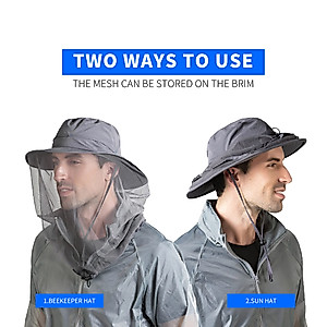 Fishing Hat Sun Protection Hat Mosquito Head Net for Outdoors Bucket Hat with Hidden Net Mesh Dark Gray