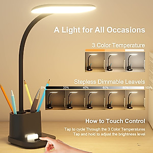 DEEPLITE Desk Lamp,Desk Light for Home Office,Battery Operated,Rechargeable,Pen Holder,800LM 3 Colors Dimmable Adjustable Study Lamp,Cordless Reading Lamps for Dorm Bedrooms.