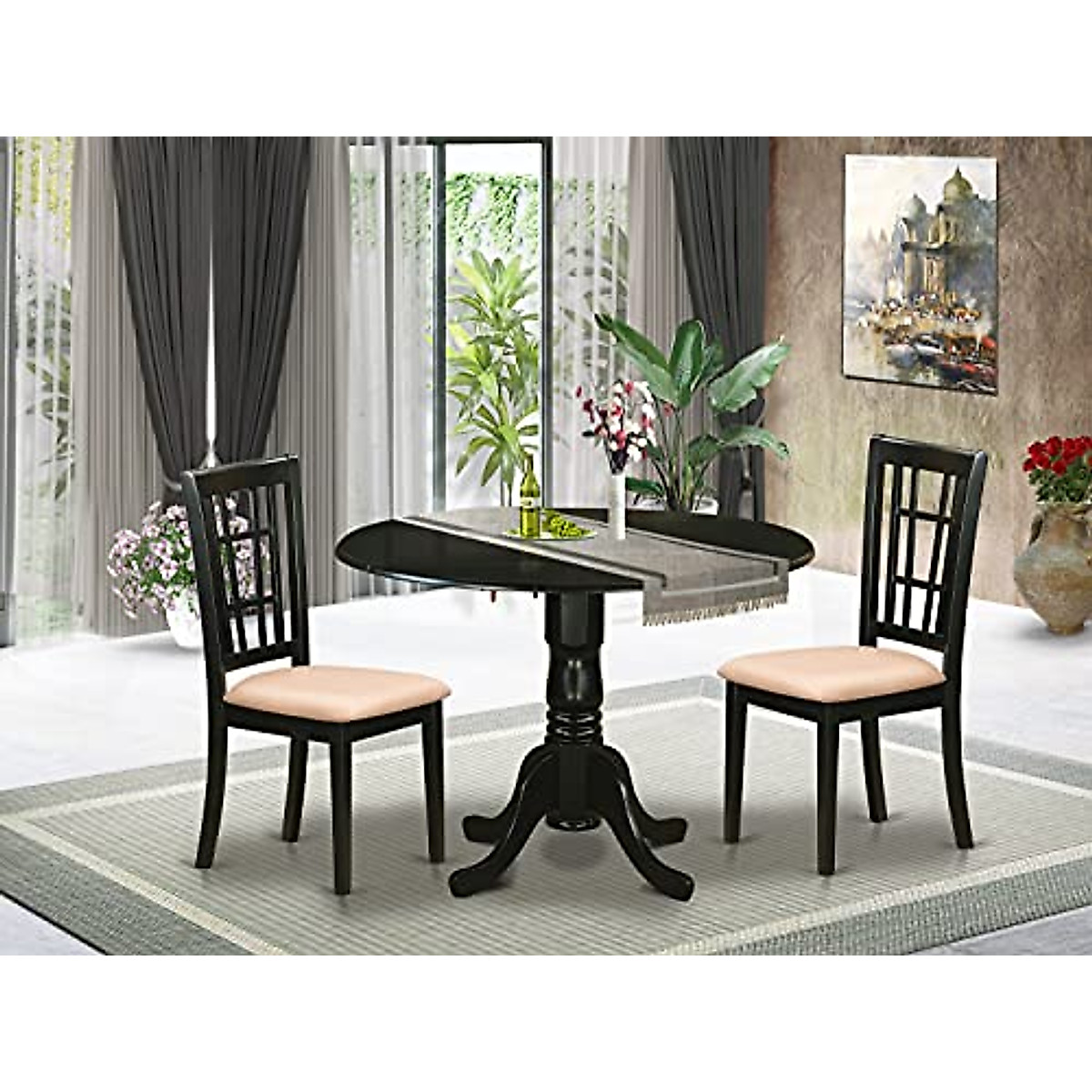 East West Furniture DLNI3-BLK-C 3 Piece Set Contains a Round Dining Room Table with Dropleaf and 2 Linen Fabric Upholstered Kitchen Chairs, 42x42 Inch, Black