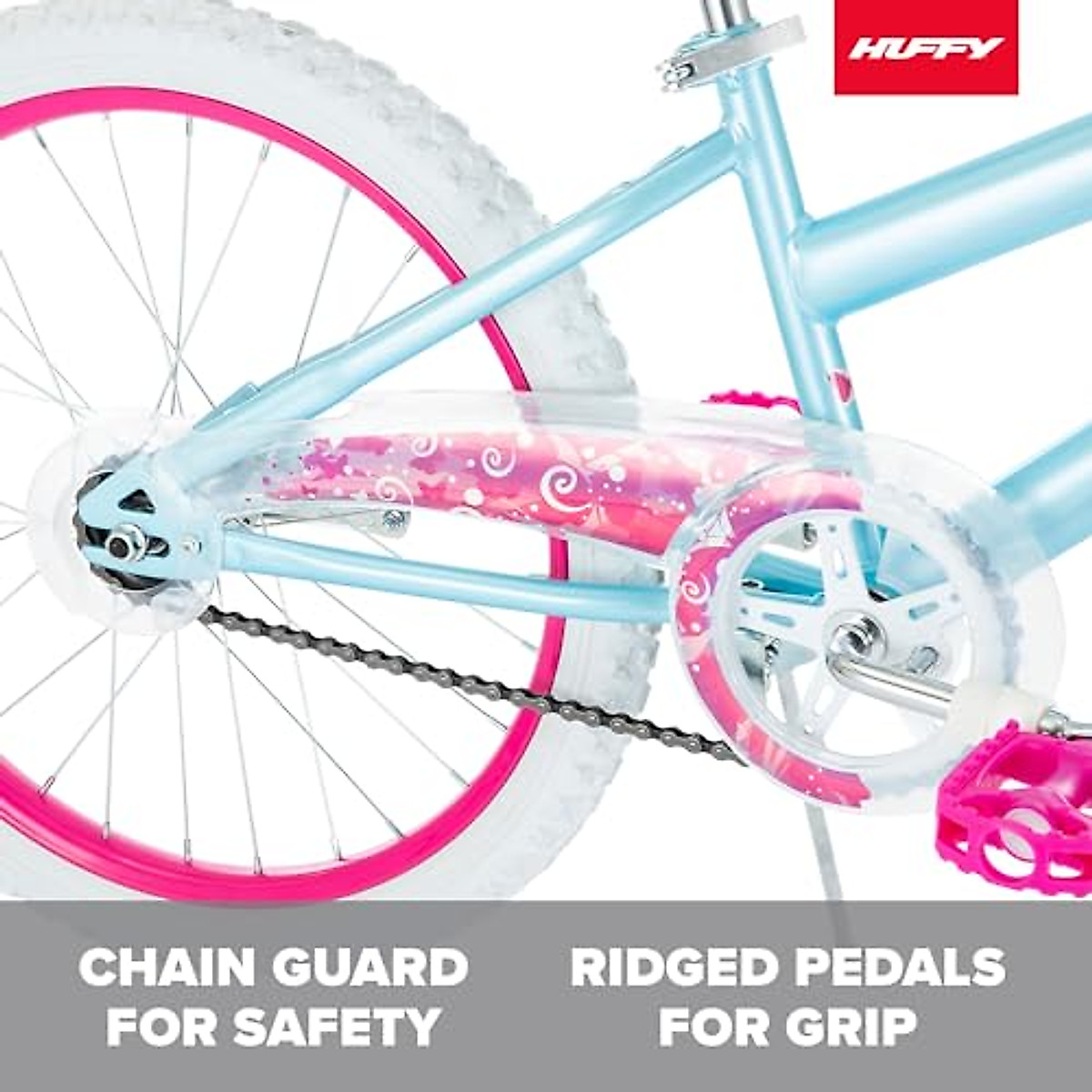 Huffy Illuminate 20” Girl’s Bike, Sky Blue Frame with Butterfly Graphics, Kickstand Included, Streamers and Chain Guard, White Tires and Pink Rims