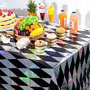 3 Pack Black and Iridescent Diamond Checkered Plastic Tablecloths, Black Gingham Plastic Table Cover, Holographic Foil Rectangle Tablecloth for Wonderland Picnic Camping Oktoberfest Party, 54x108 Inch